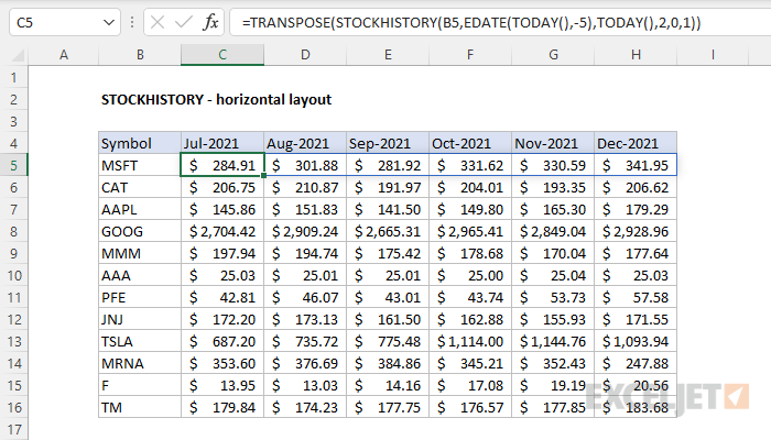 Excel STOCKHISTORY function | Exceljet